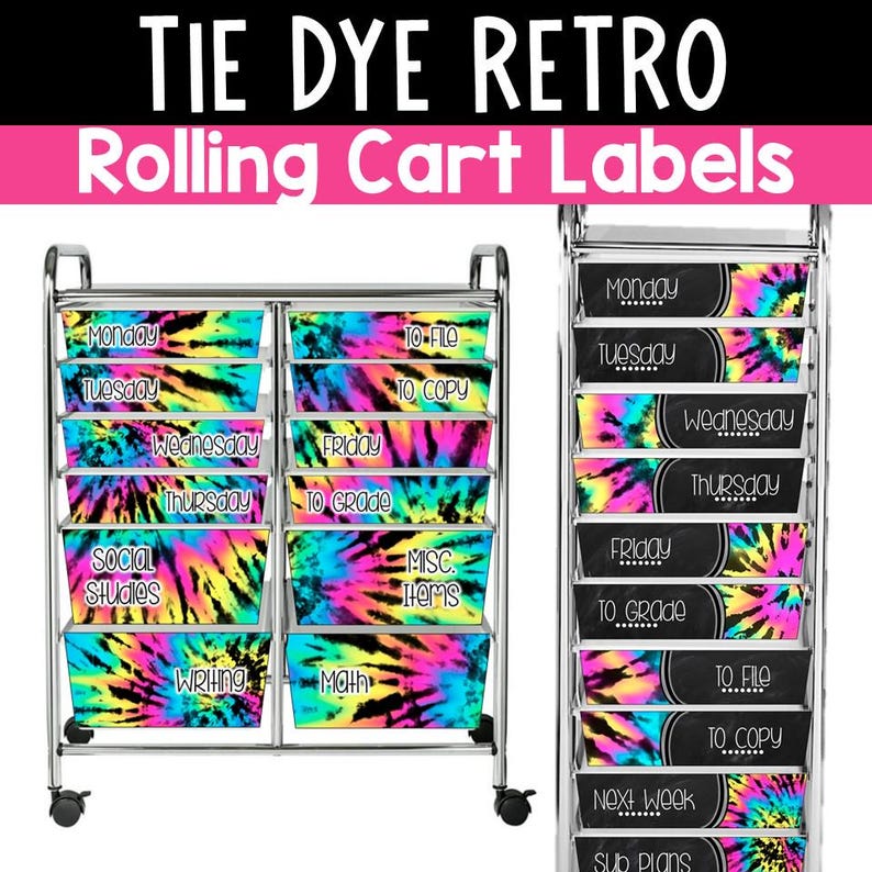 10 Drawer Rolling Cart Labels Editable Tie Dye Retro Classroom Decor ...