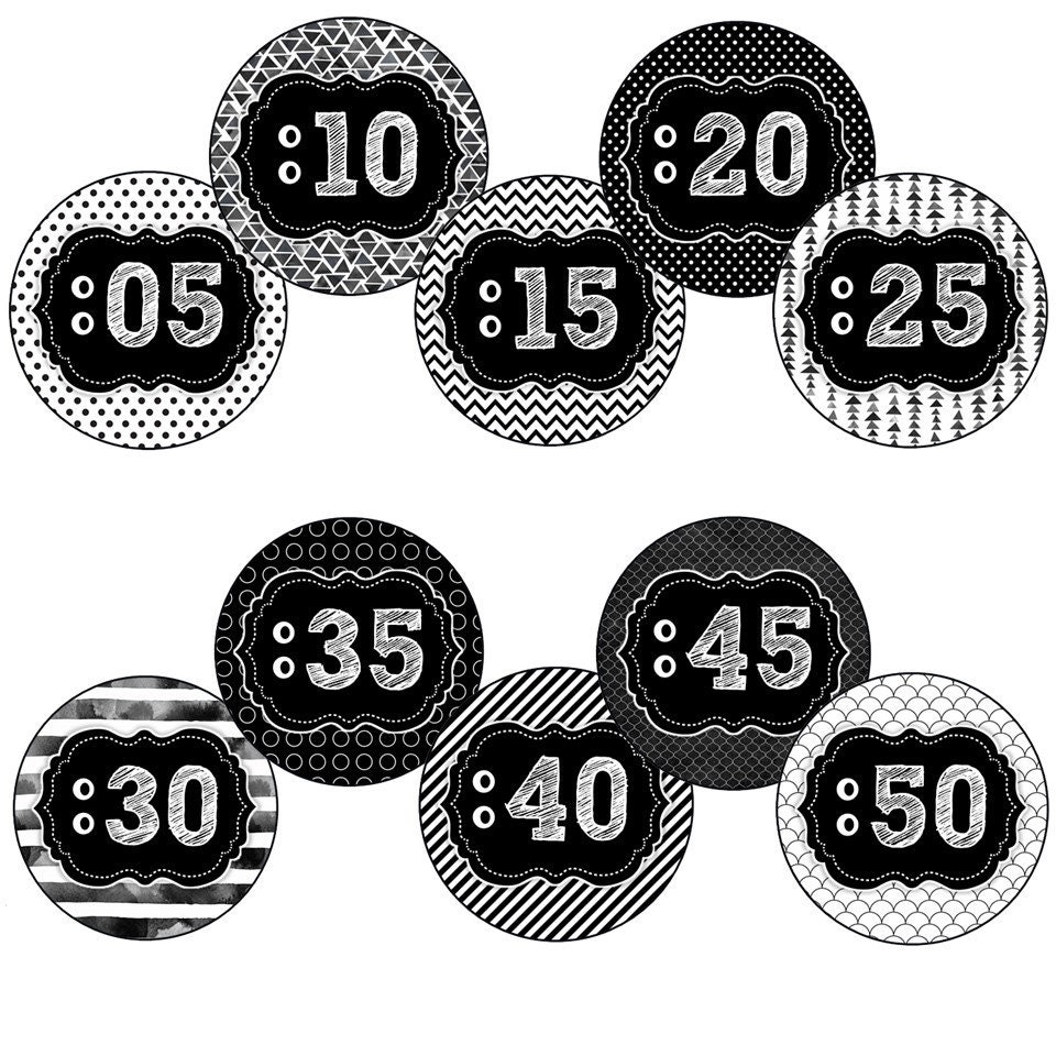 PRINTABLE Clock Label Numbers in 5 Minute Intervals Black and White ...