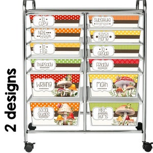 10 Drawer Rolling Cart Labels Editable Mushroom Retro Classroom Decor ...