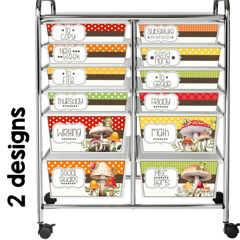 10 Drawer Rolling Cart Labels Editable Mushroom Retro Classroom Decor ...