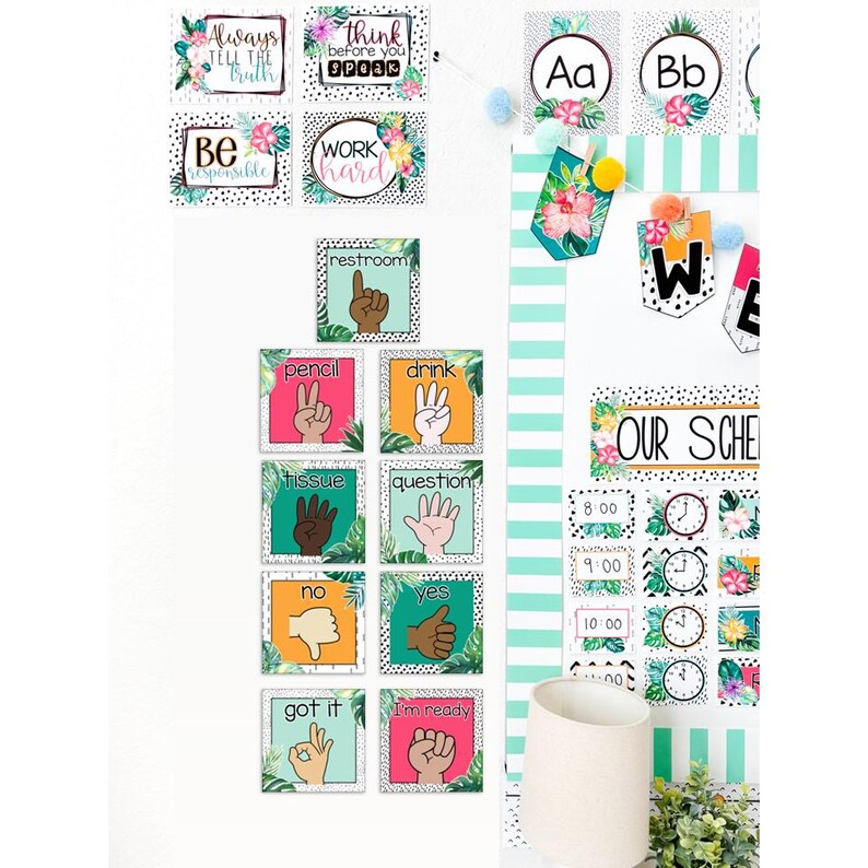 Classroom Hand Signal Posters, Tropical Classroom Decor, Editable Hand ...