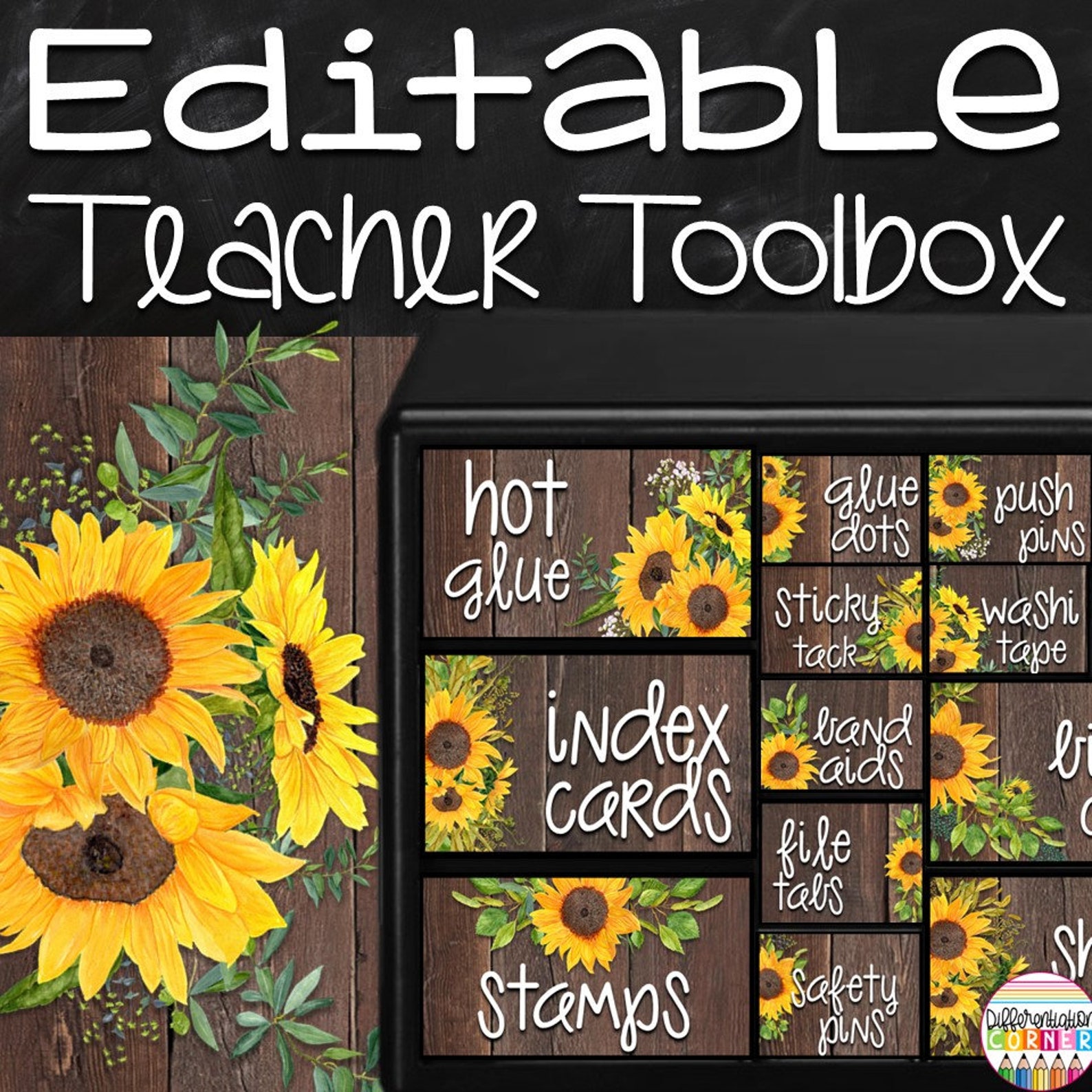 Teacher Tool Box Labels Sunflower Modern Farmhouse Teacher - Etsy