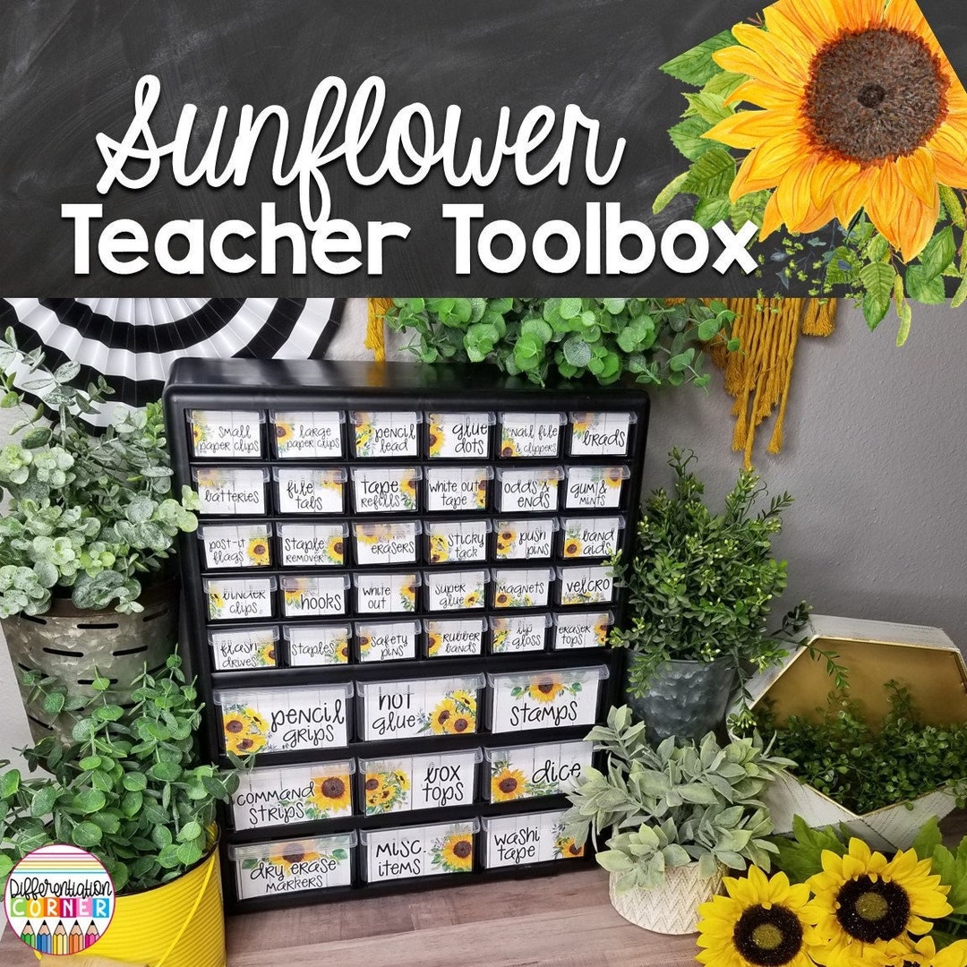 Teacher Tool Box Labels, Sunflower Modern Farmhouse Teacher Toolbox ...