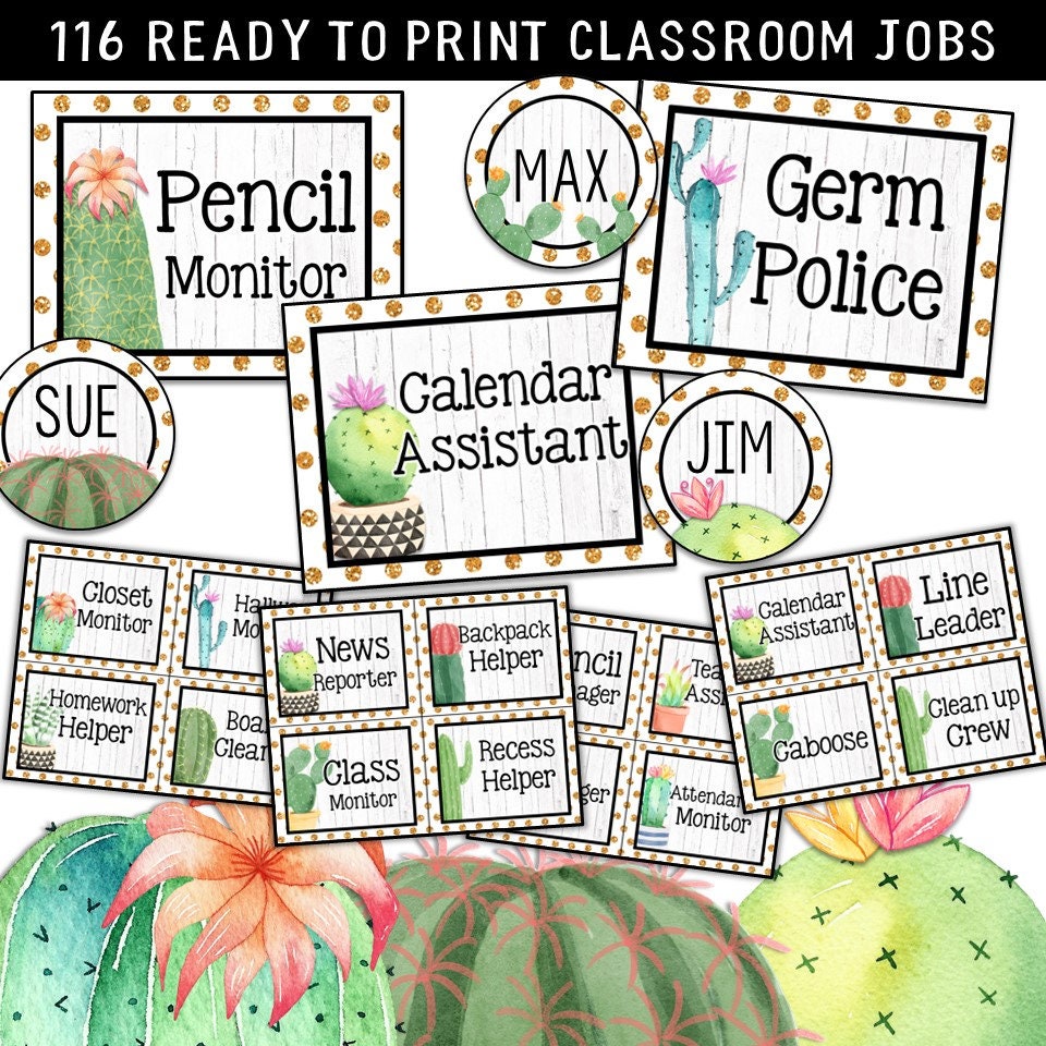 Editable Classroom Jobs Chart Template Cactus and Succulent Classroom ...