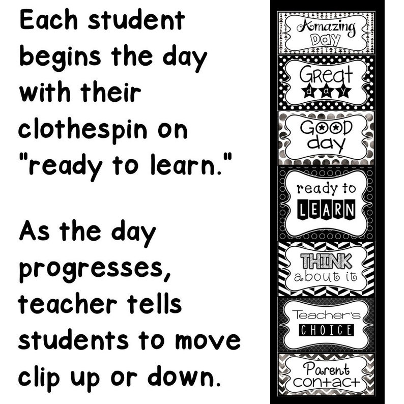 Printable Behavior Clip Chart, Black and White Classroom Decor ...