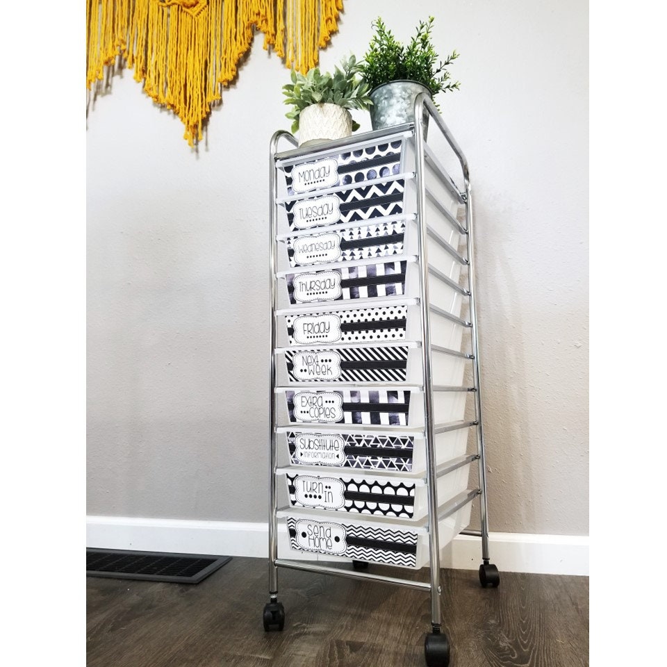 10 Drawer Rolling Cart Labels Editable Black and White Classroom Decor ...