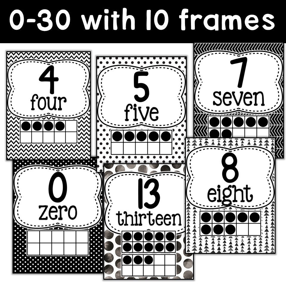Number Posters 0-30 Number Line With Negative Numbers Black and White ...