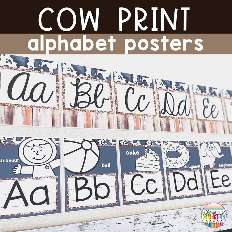 Cursive Alphabet Posters for the Classroom Cow Print Farmhouse ...