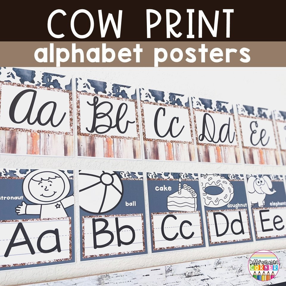 Cursive Alphabet Posters for the Classroom Cow Print Farmhouse ...