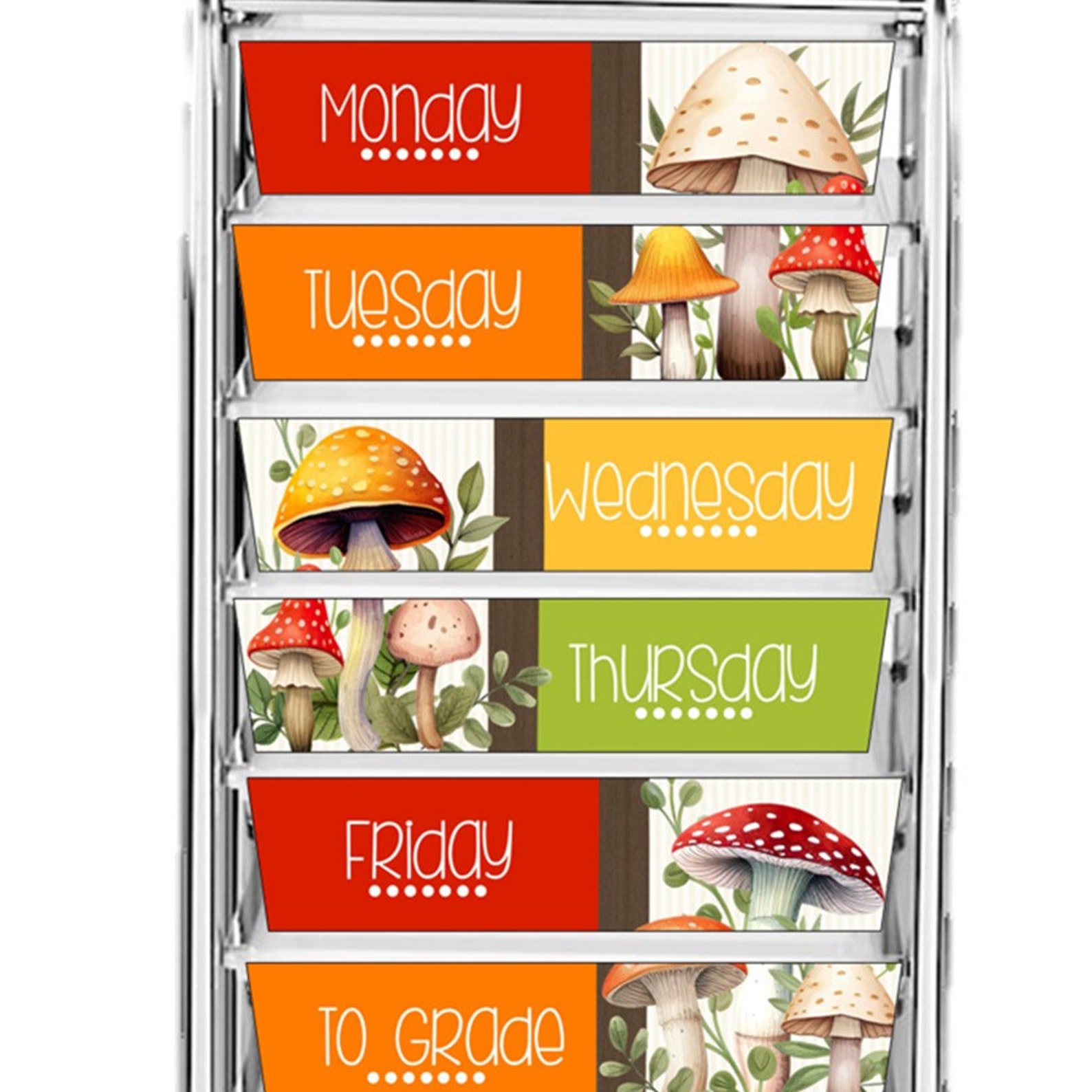 10 Drawer Rolling Cart Labels Editable Mushroom Retro Classroom Decor ...