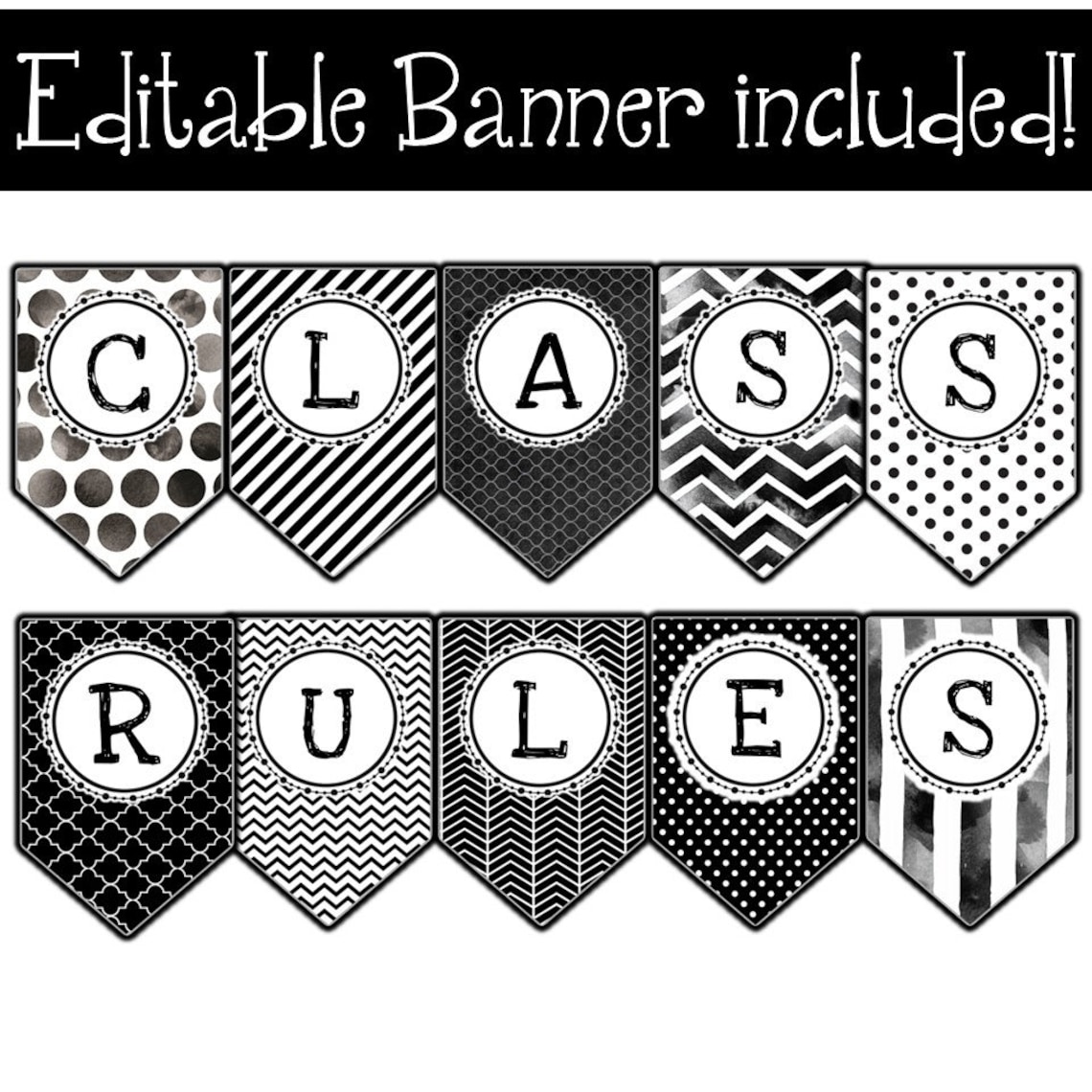 Editable Black and White Classroom Rules Posters Black and White ...