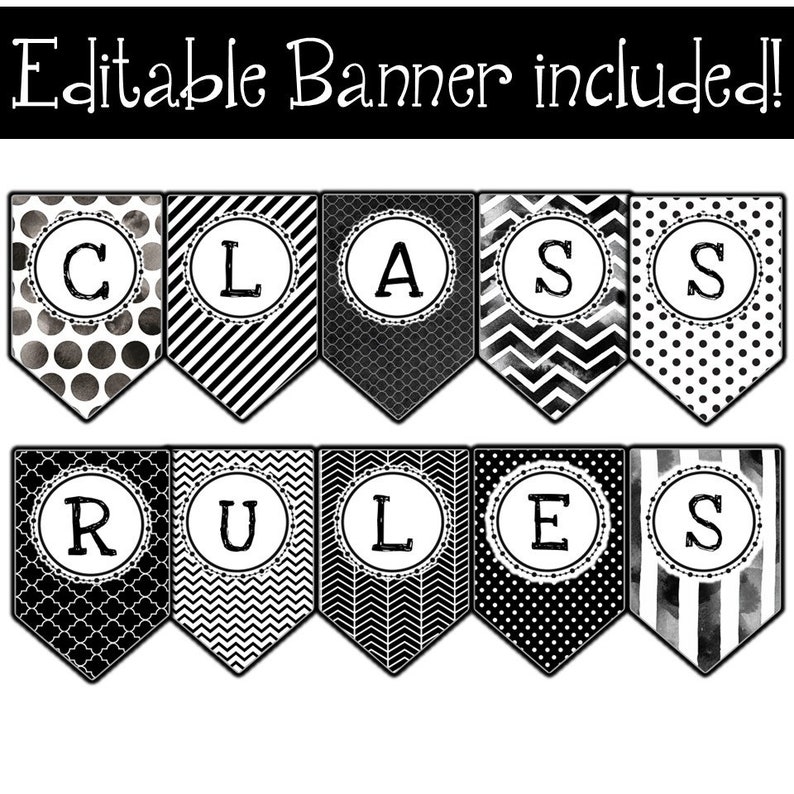 Editable Black and White Classroom Rules Posters Black and White ...