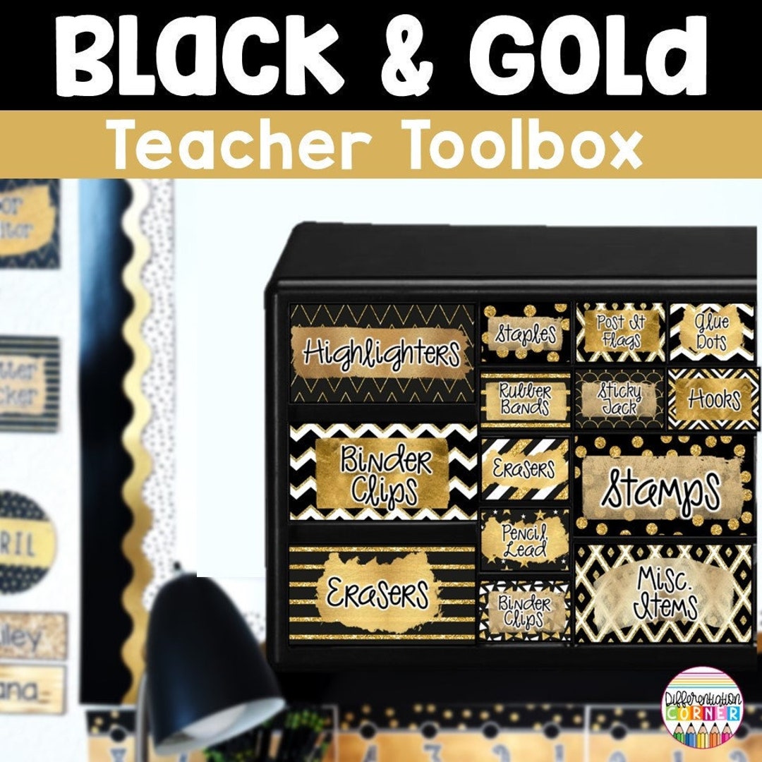 Black and Gold Teacher Tool Box Labels Black and Gold Classroom Decor ...