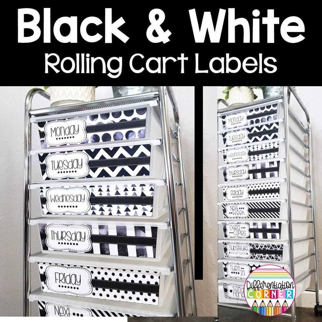 10 Drawer Rolling Cart Labels Editable Black and White Classroom Decor ...