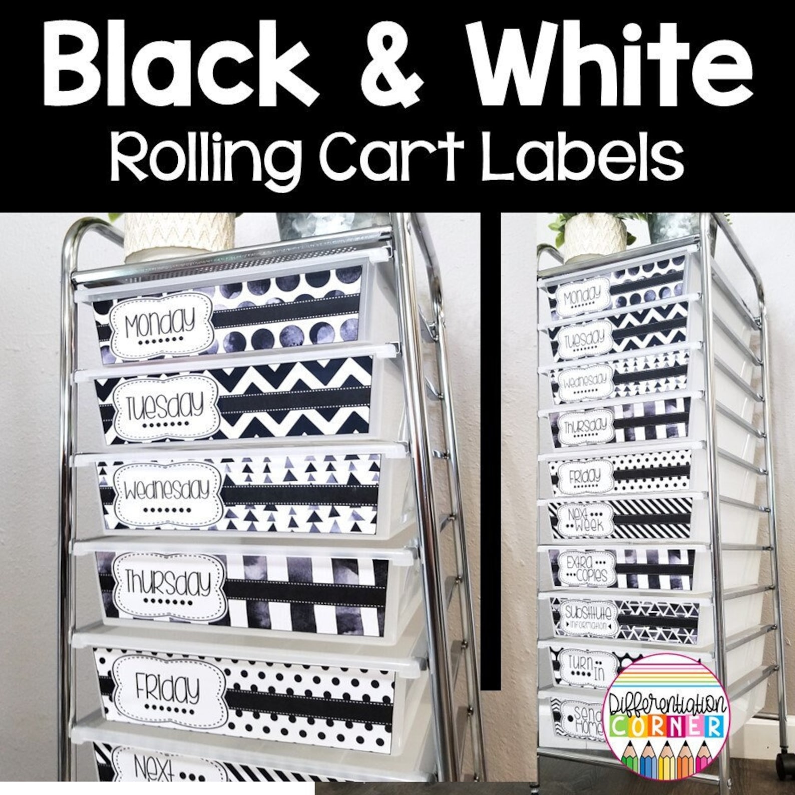 10 Drawer Rolling Cart Labels Editable Black and White Classroom Decor ...