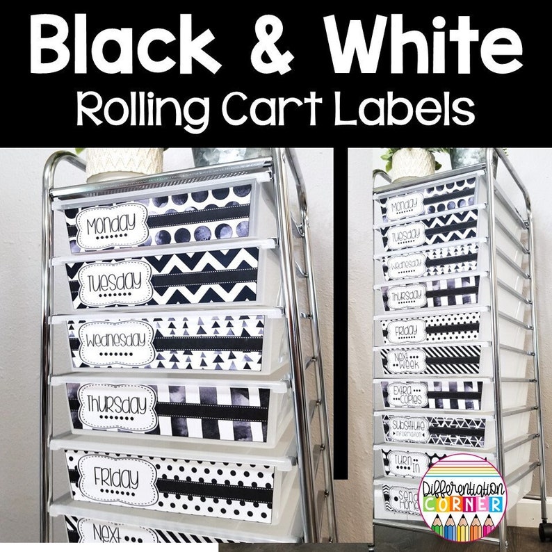 10 Drawer Rolling Cart Labels Editable Black and White Classroom Decor ...