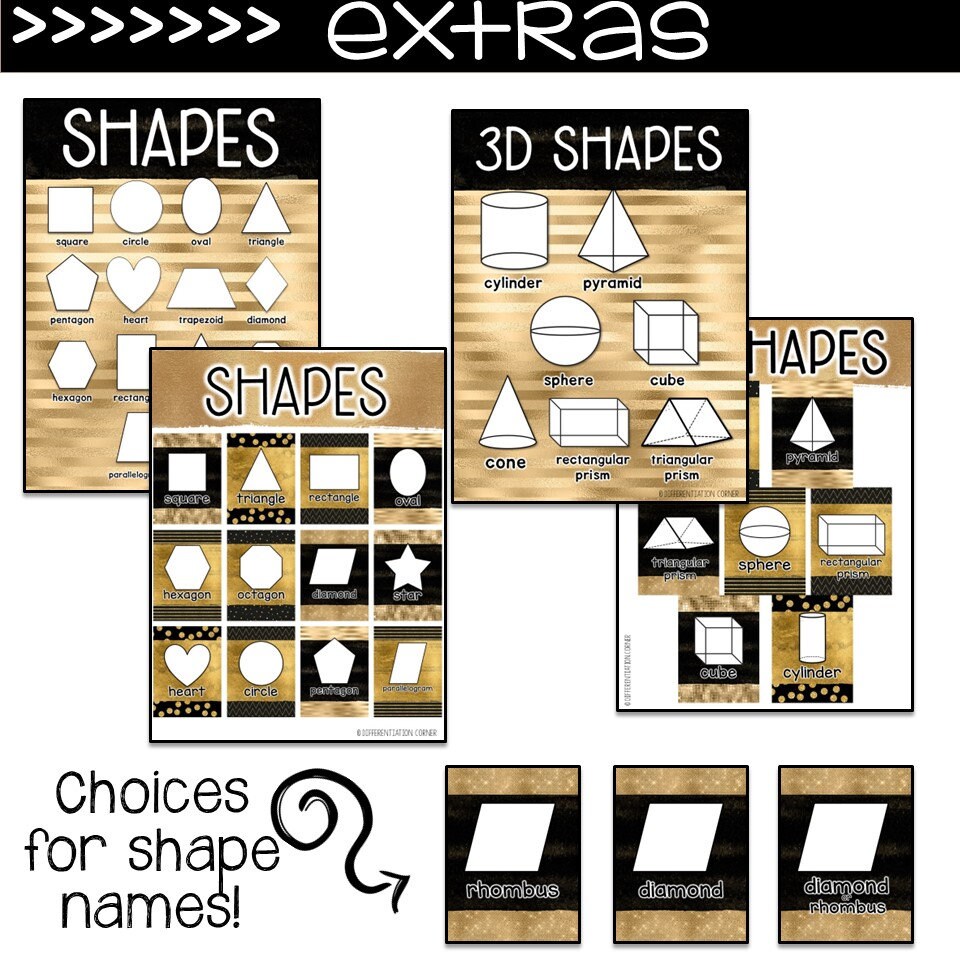 PRINTABLE Shape Posters Charts Black and Gold Classroom Decor 2D and 3D ...