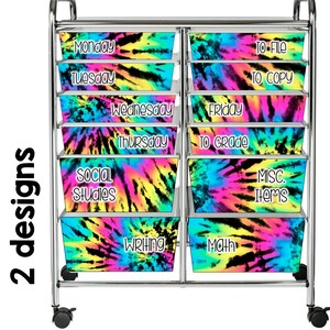 10 Drawer Rolling Cart Labels Editable Tie Dye Retro Classroom Decor ...