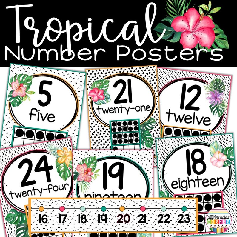 Number Posters 0-30 Number Line With Negative Numbers Tropical ...