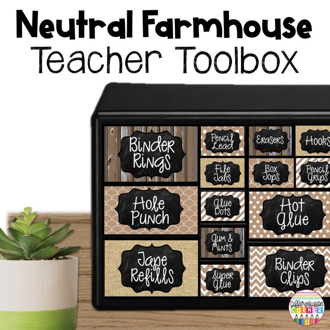 Farmhouse Neutral Teacher Tool Box Labels, Farmhouse Neutral Classroom ...