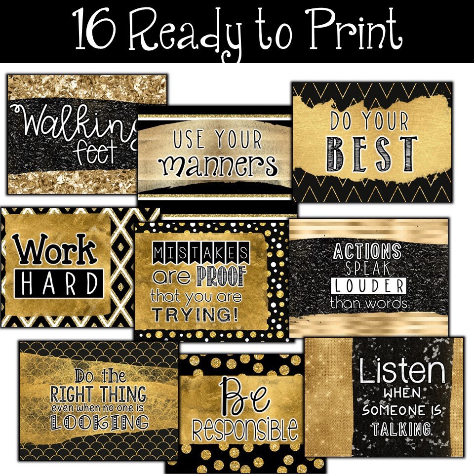 Black and Gold Classroom Rules Posters Black and Gold Classroom Decor ...