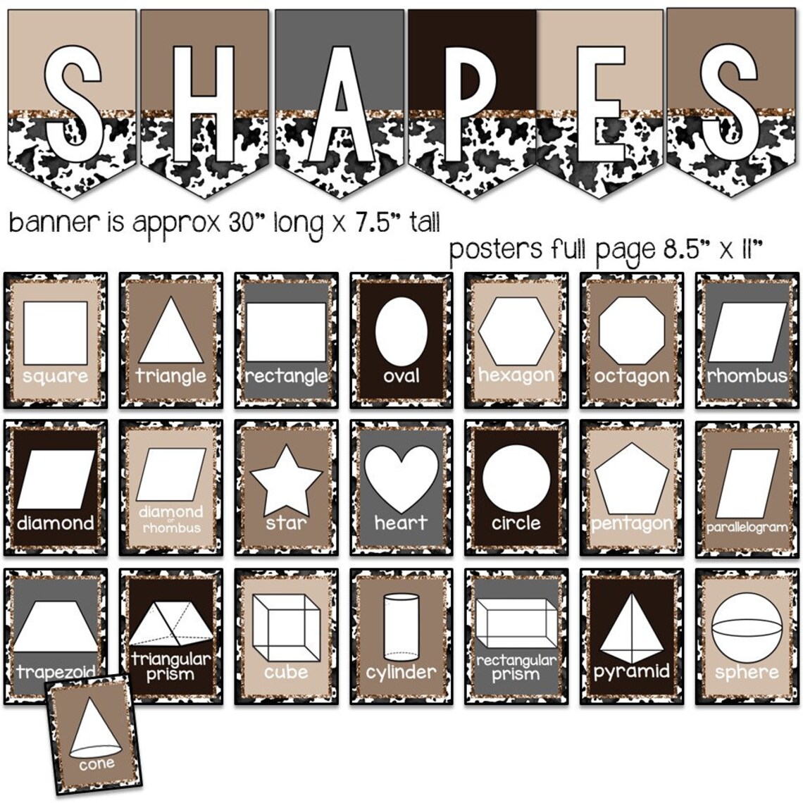 Printable Shape Posters Charts Farmhouse Cow Print Classroom Decor 2d
