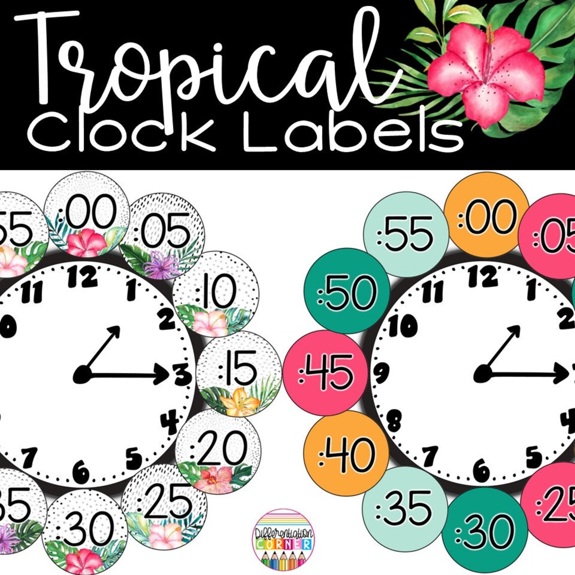 PRINTABLE Tropical Clock Label Numbers in 5 Minute Intervals Tropical ...