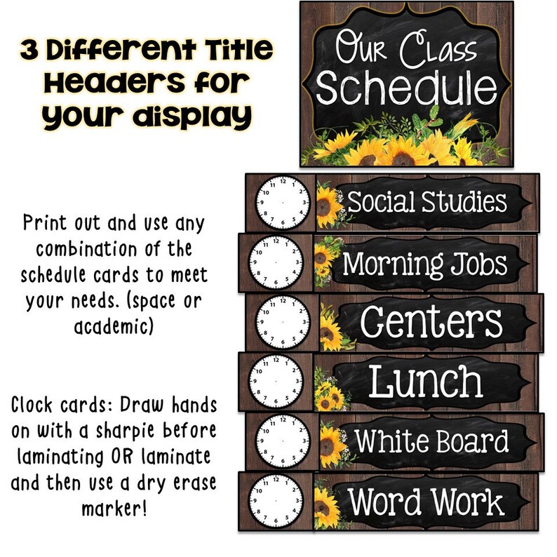 Editable Daily Schedule Cards Sunflower Farmhouse Classroom Decor ...
