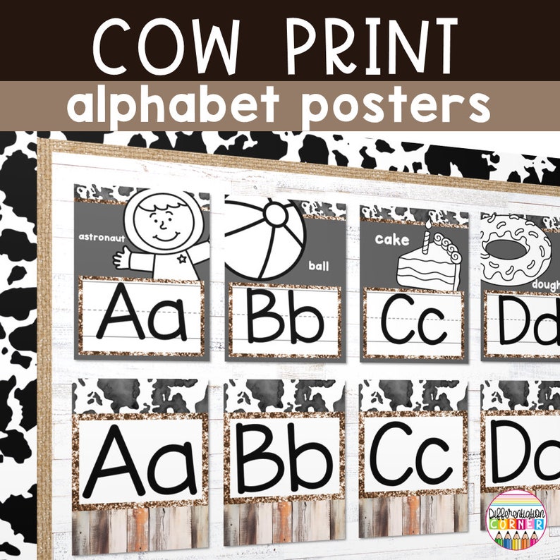 Cursive Alphabet Posters for the Classroom Cow Print Farmhouse ...