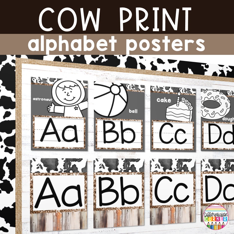 Cursive Alphabet Posters for the Classroom Cow Print Farmhouse ...