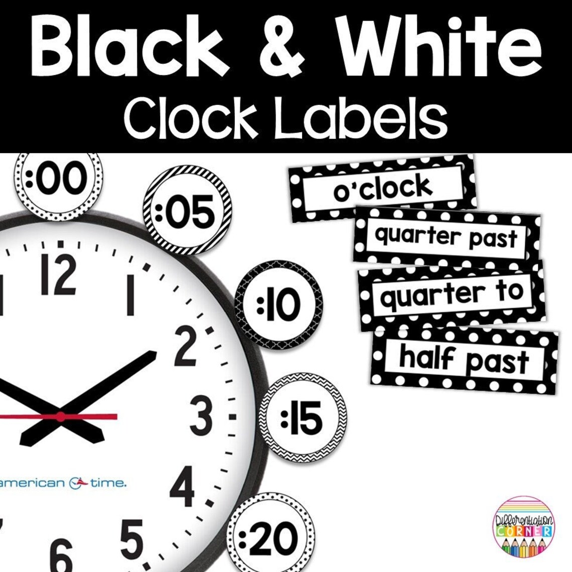 PRINTABLE Clock Label Numbers in 5 Minute Intervals Black and White ...