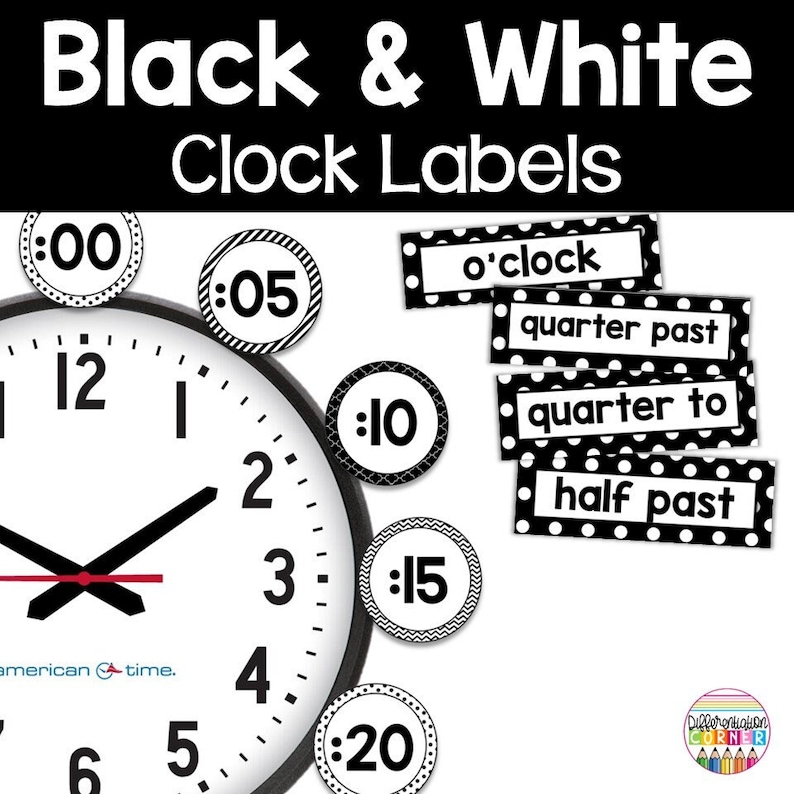 PRINTABLE Clock Label Numbers in 5 Minute Intervals Black and White ...