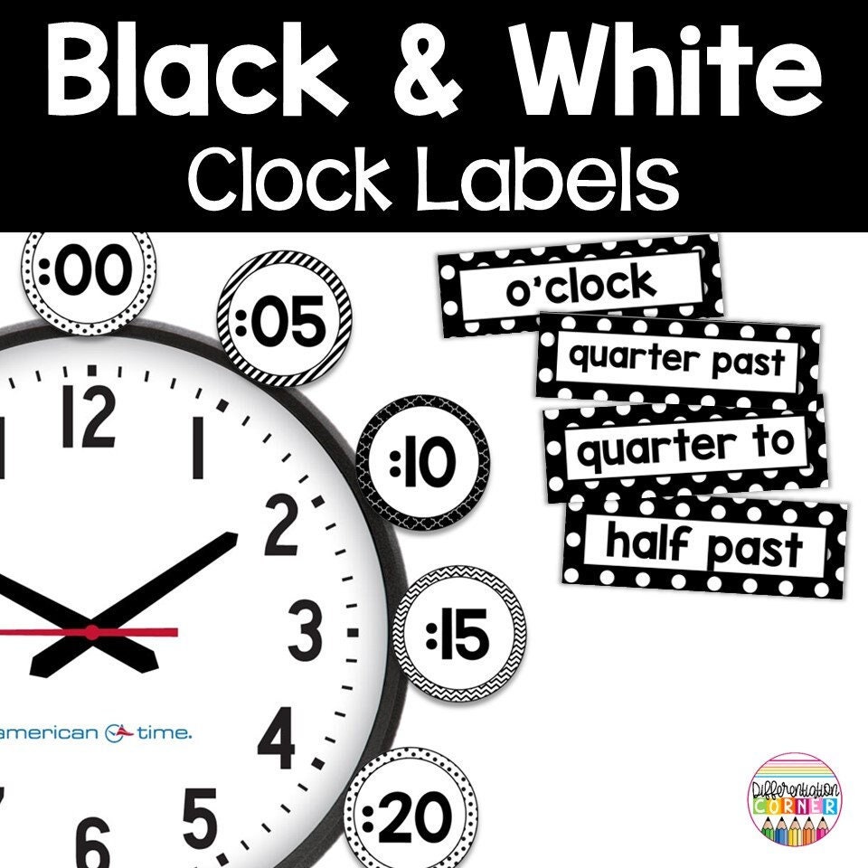 PRINTABLE Clock Label Numbers in 5 Minute Intervals Black and White ...