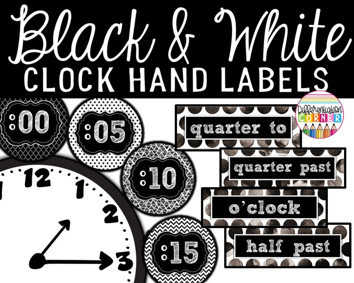 PRINTABLE Clock Label Numbers in 5 Minute Intervals Black and White ...