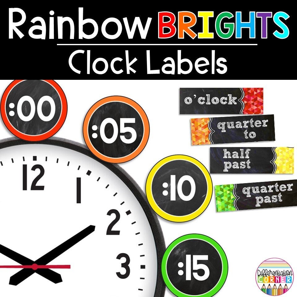 PRINTABLE Rainbow Clock Label Numbers in 5 Minute Intervals Rainbow ...
