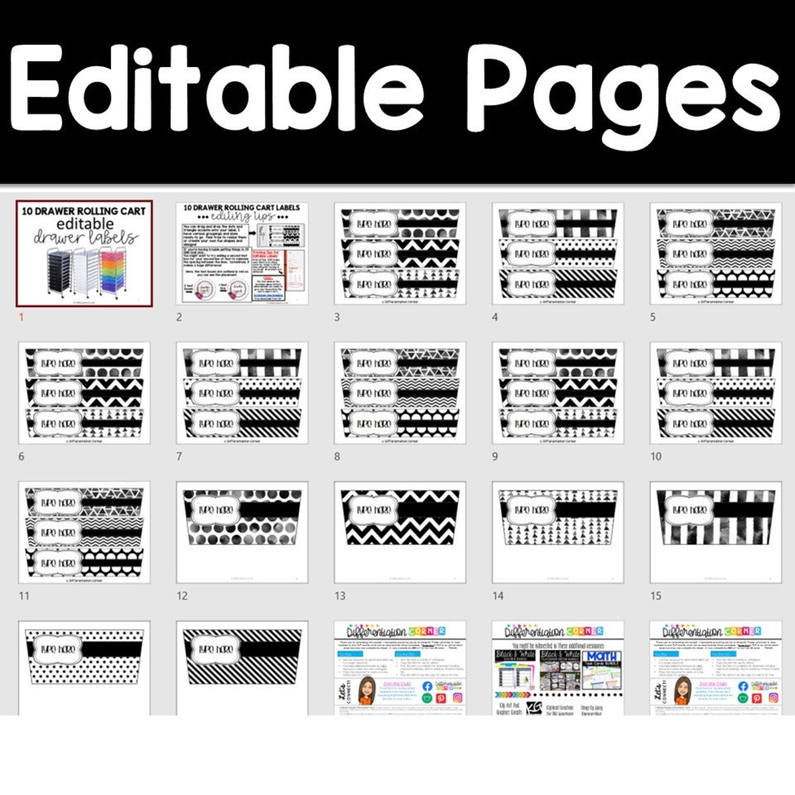 10 Drawer Rolling Cart Labels Editable Black and White Classroom Decor ...