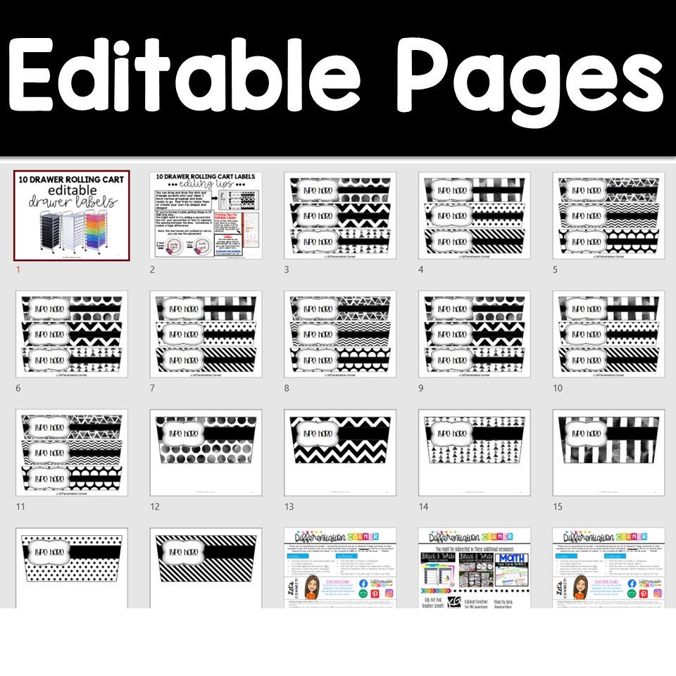 10 Drawer Rolling Cart Labels Editable Black and White - Etsy