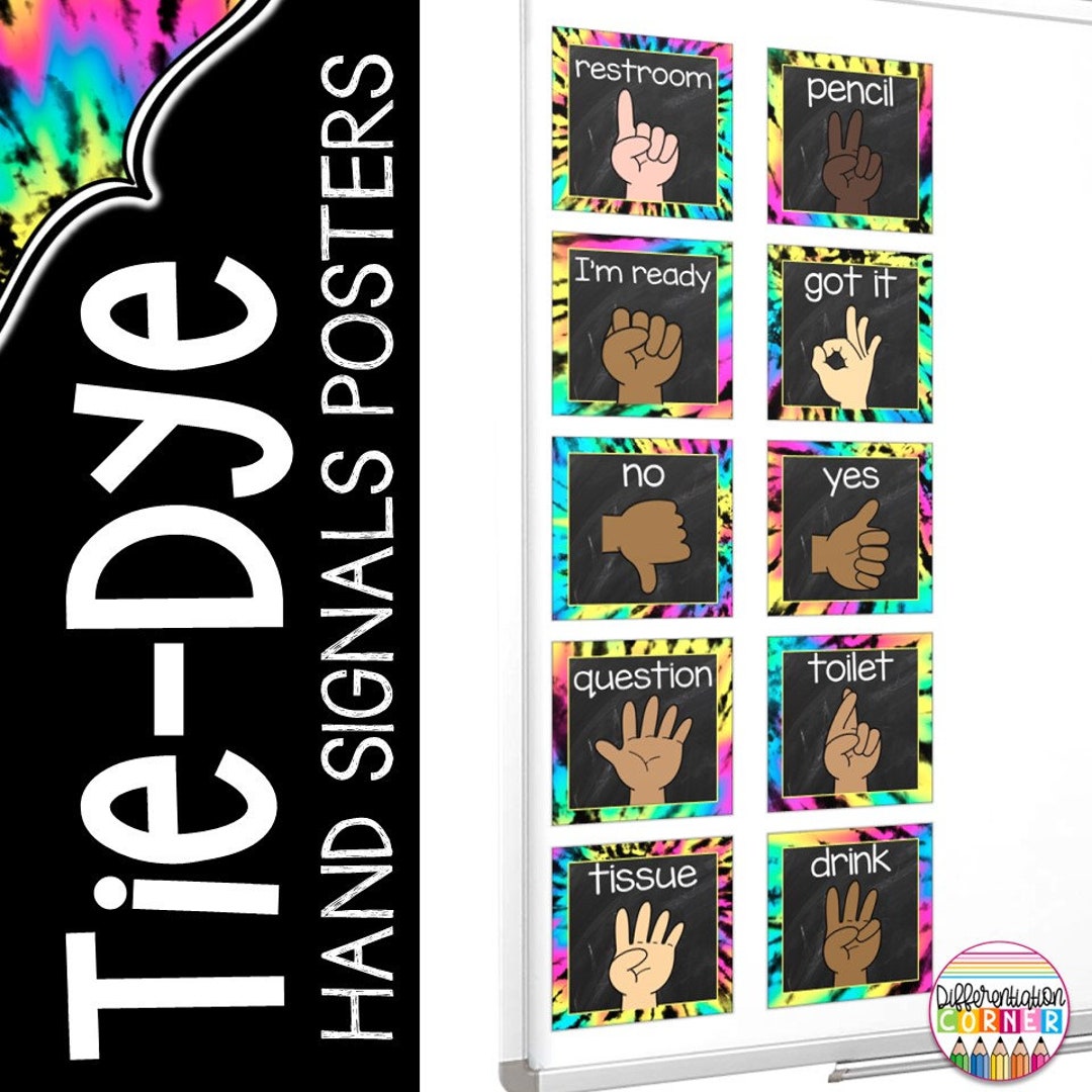 Classroom Hand Signal Posters Tie Dye Retro Classroom Decor, Editable ...