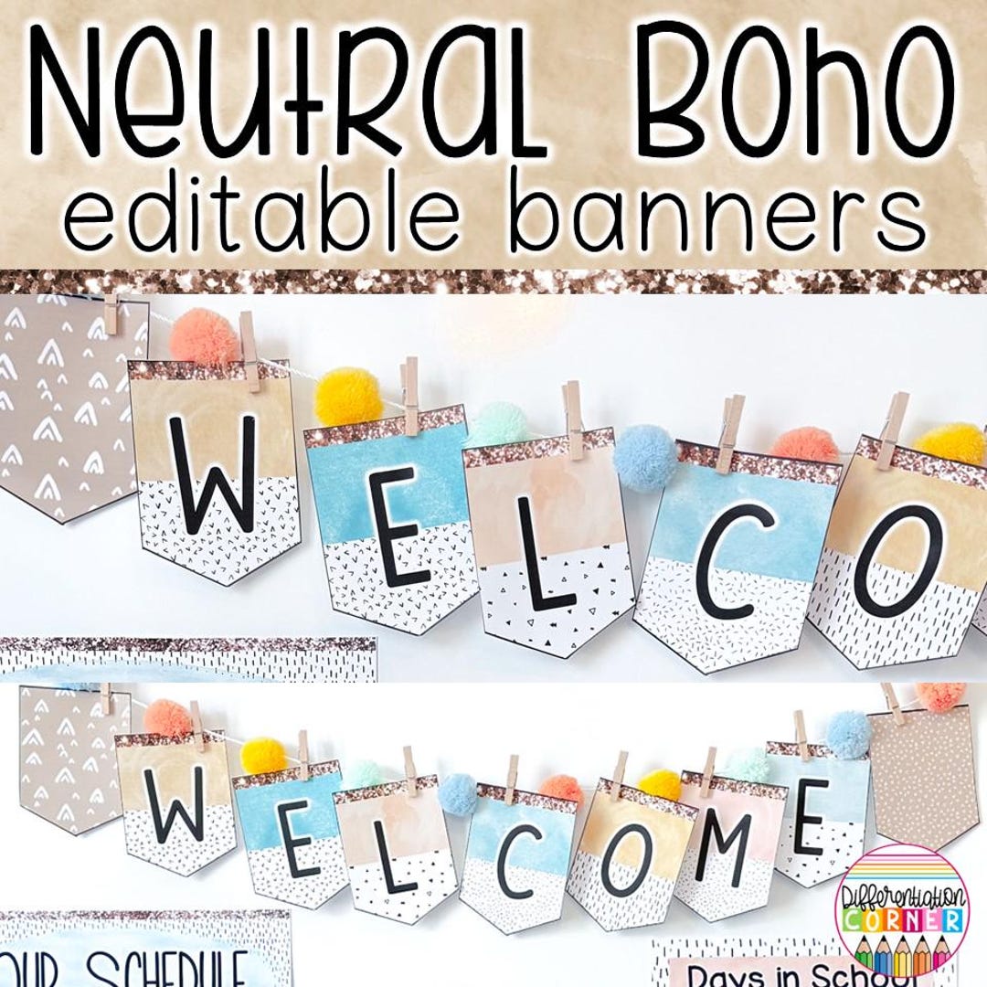 Editable Boho Bunting Bulletin Board Banner Letters | Neutral Boho ...