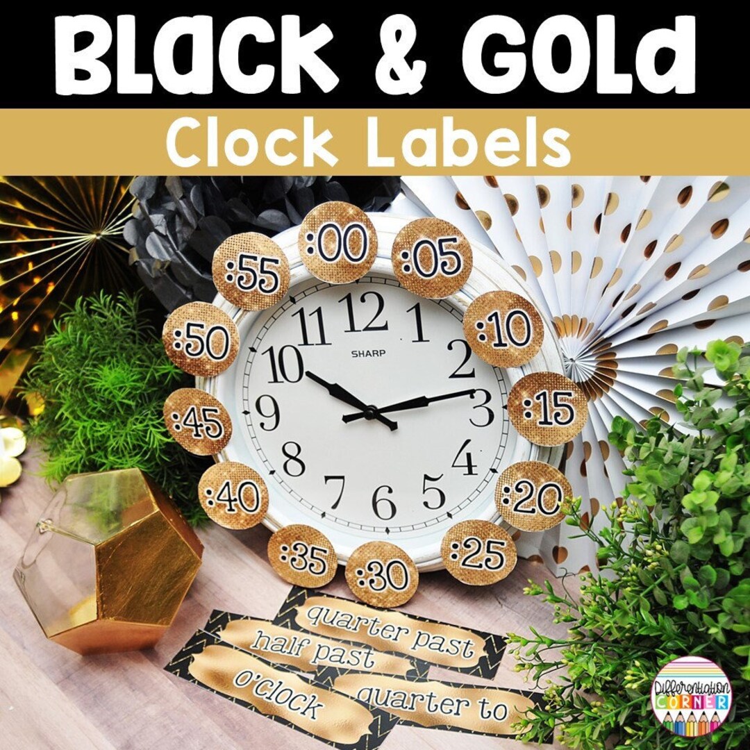 Black and Gold Clock Label Numbers in 5 Minute Intervals Black and Gold ...