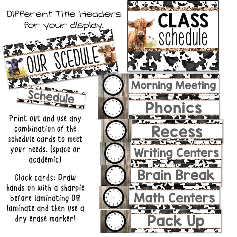 Editable Daily Schedule Cards Cow Print Farmhouse Classroom Decor ...