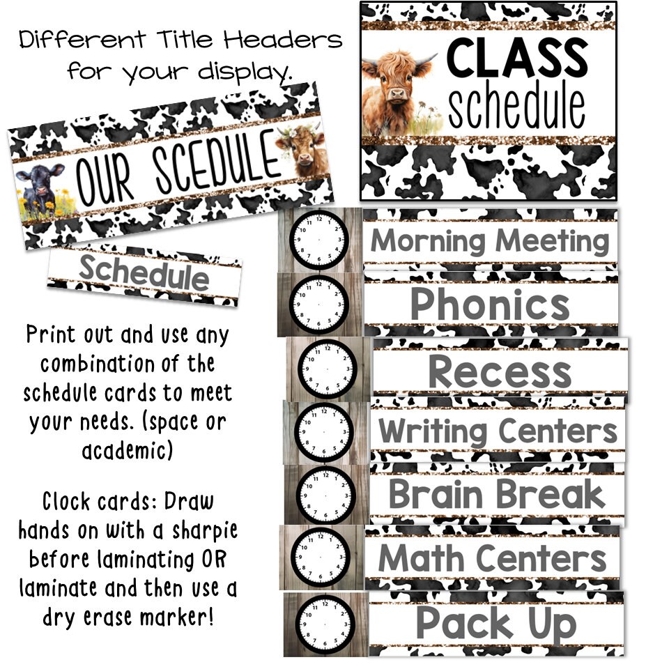 Editable Daily Schedule Cards Cow Print Farmhouse Classroom Decor ...
