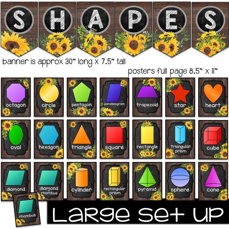 Printable Shape Posters And Charts Sunflower Farmhouse Classroom Decor