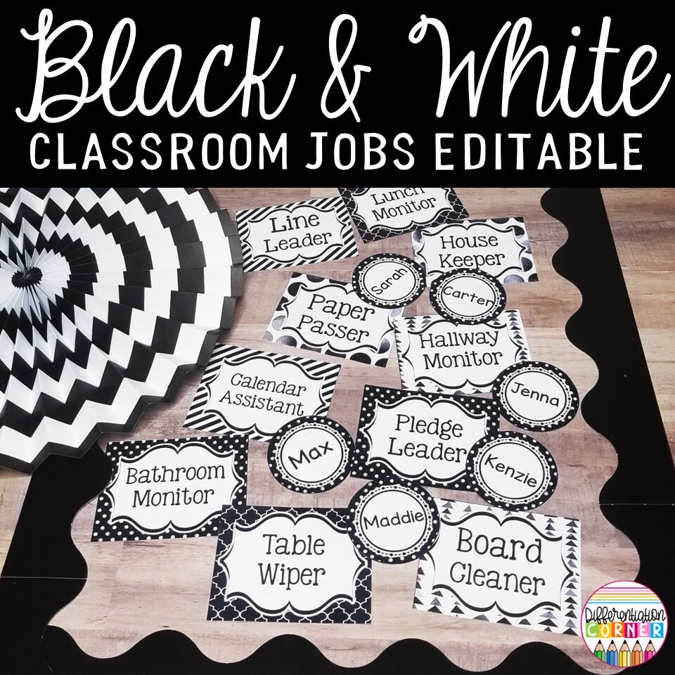 Editable Classroom Jobs Chart Template Black and White - Etsy