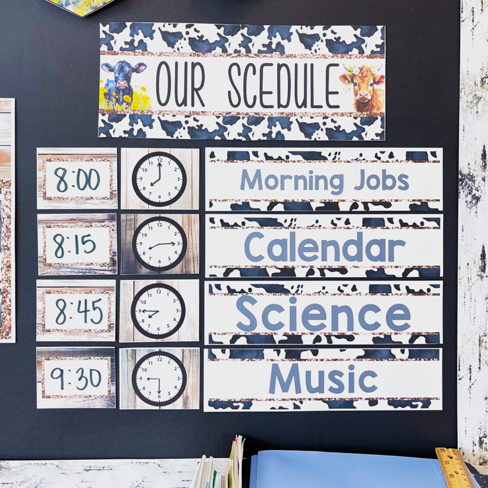 Editable Daily Schedule Cards Cow Print Farmhouse Classroom Decor ...