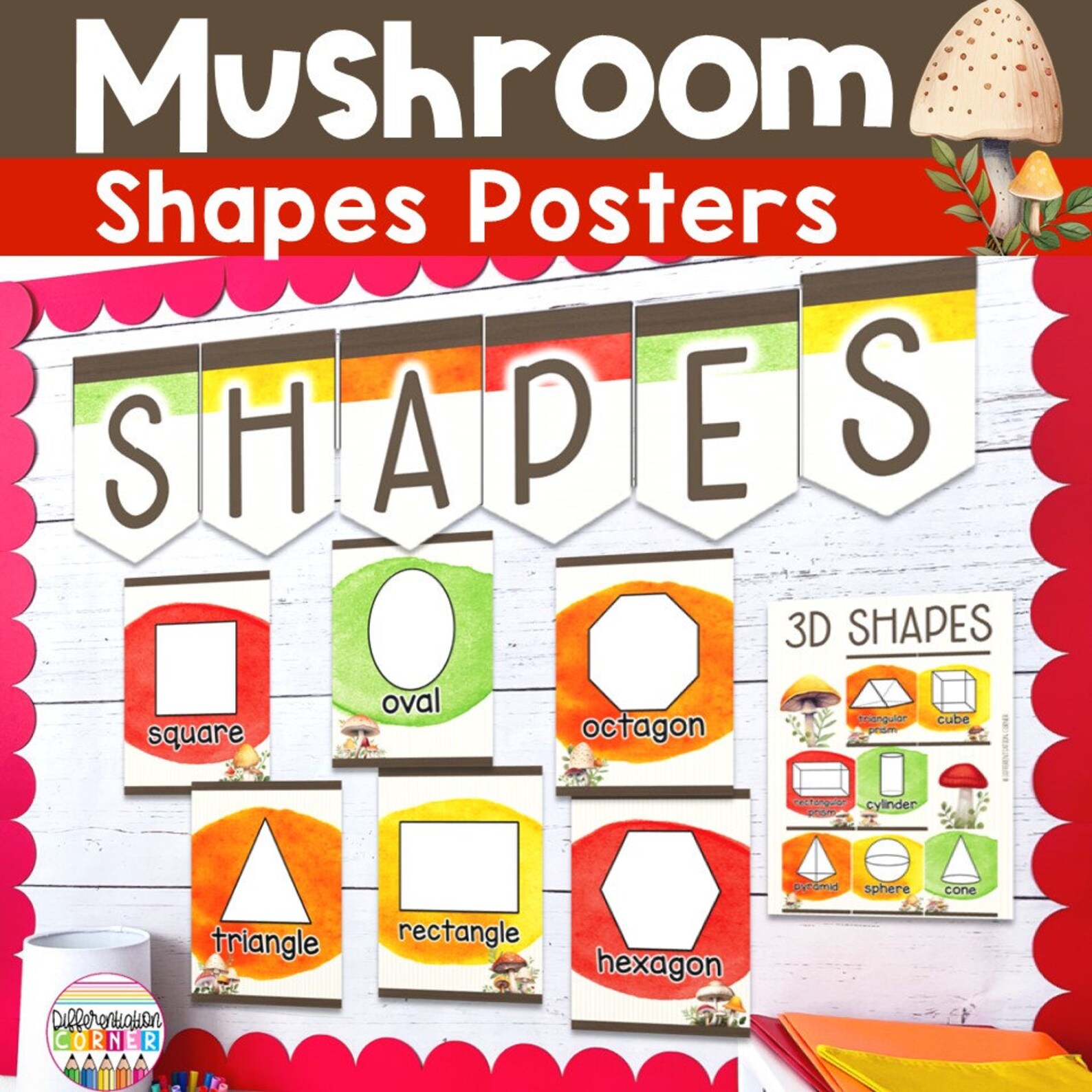 PRINTABLE Shape Posters Charts Mushroom Retro Classroom Decor 2D and 3D ...