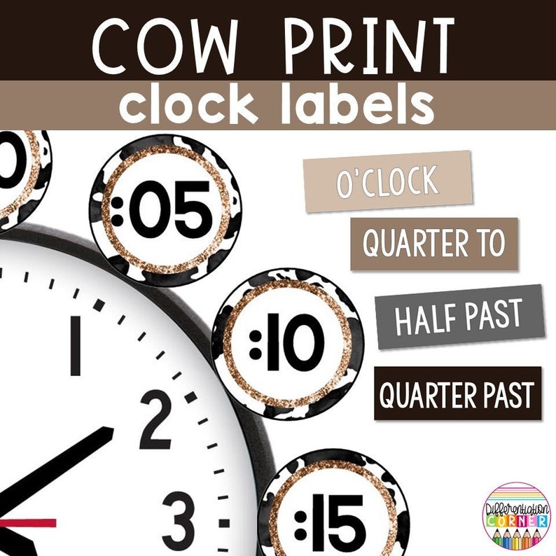 Cow Print Farmhouse Clock Label Numbers in 5 Minute Intervals - Etsy
