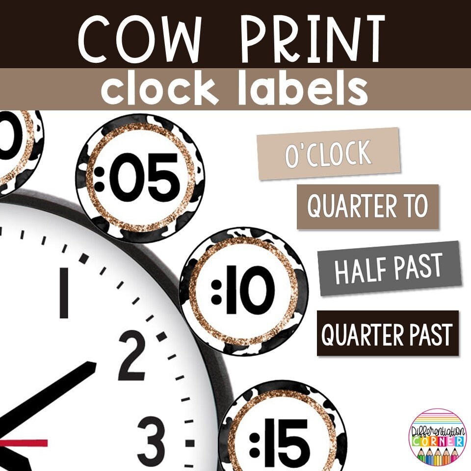 Cow Print Farmhouse Clock Label Numbers in 5 Minute Intervals Classroom ...