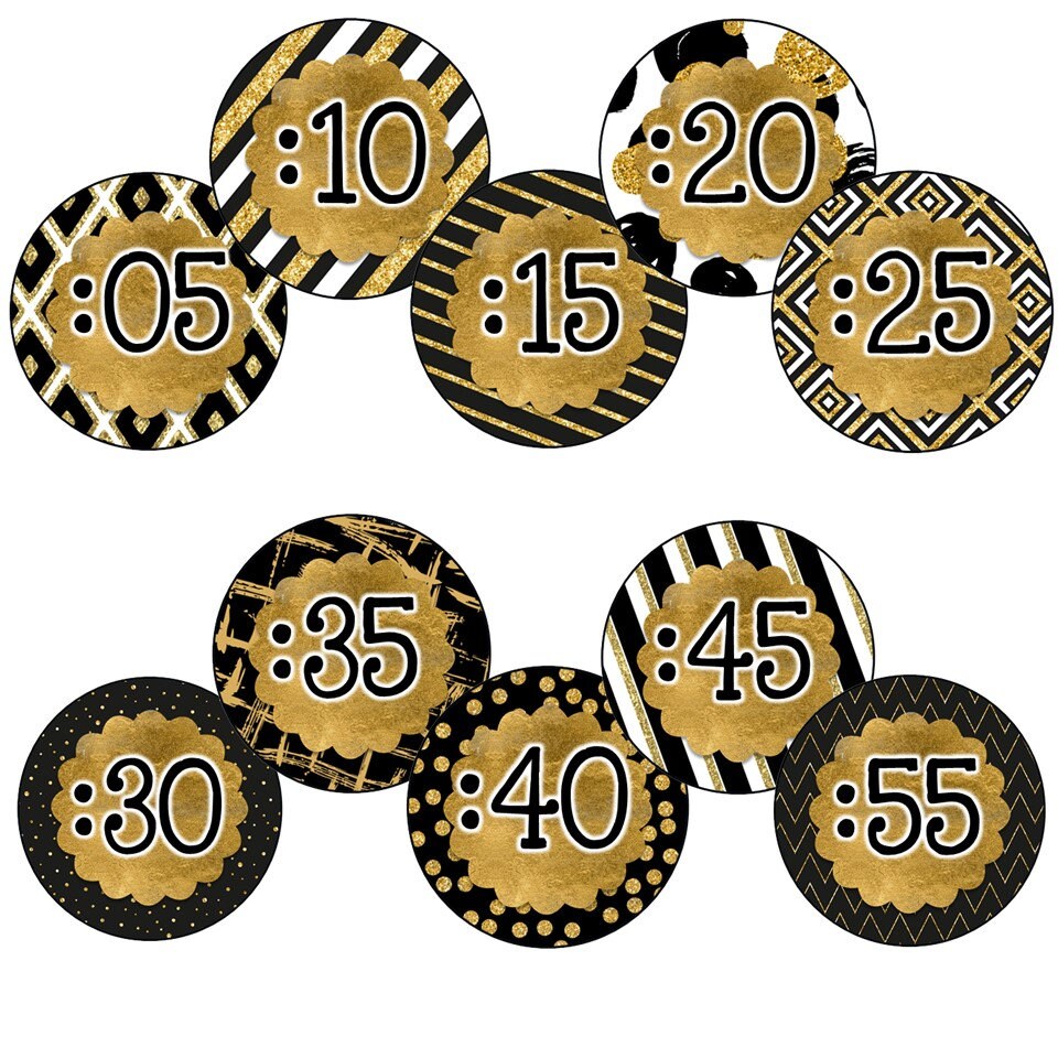 Black and Gold Clock Label Numbers in 5 Minute Intervals Black and Gold ...