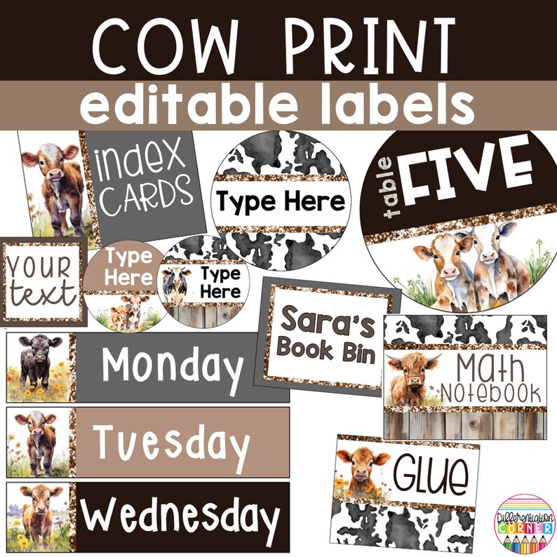 Editable Farmhouse Classroom Labels Cow Print Classroom Decor Neutral ...